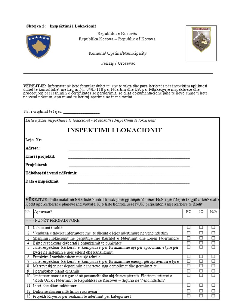 Shtojca 2 - Inspektimi I Lokacionit 25 Ferizaj-Uroševac | PDF