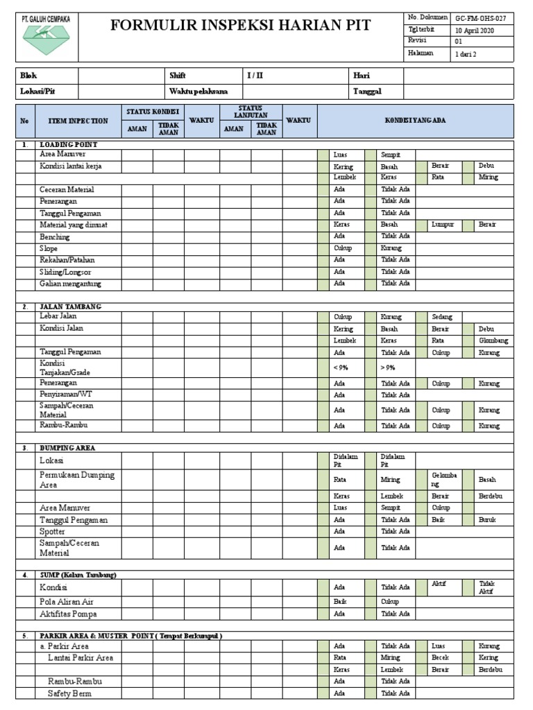 Formulir Inspeksi Harian Tambang | PDF