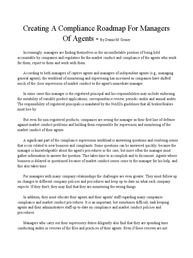 Creating A Compliance Roadmap For Managers of Agents | PDF | Regulatory ...