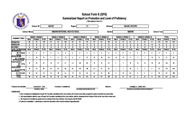 School Form 6 (SF6) : Summarized Report On Promotion and Level of ...