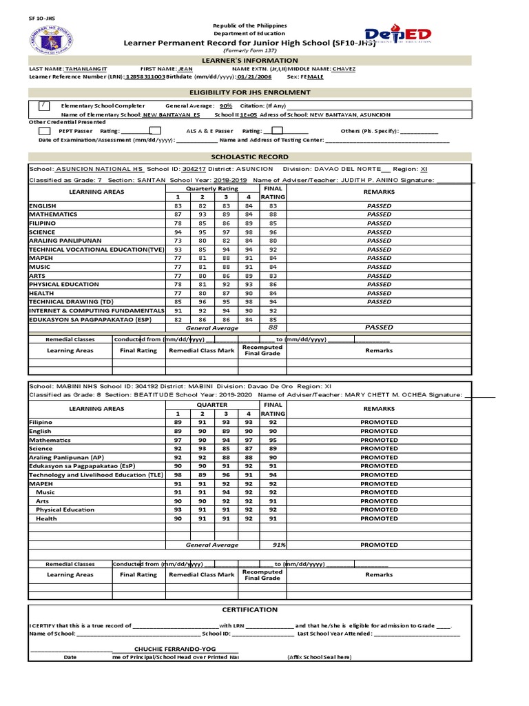 Learner Permanent Record For Junior High School (SF10-JHS) | PDF ...
