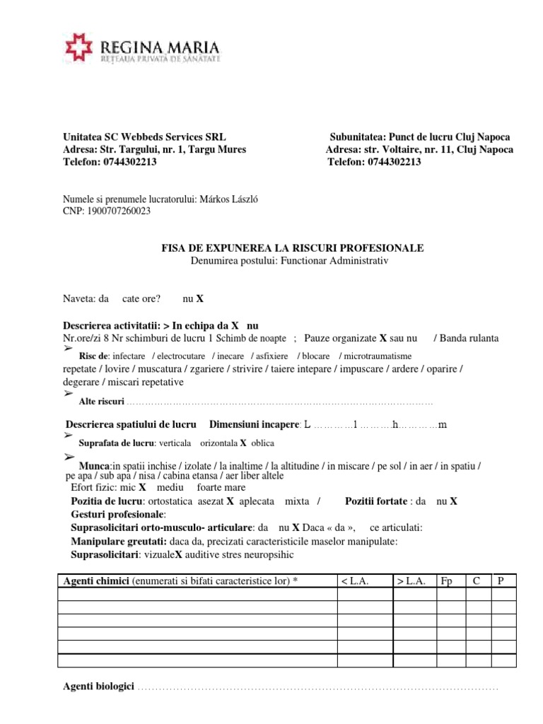 Fisa Expunere La Riscuri Profesionale | PDF