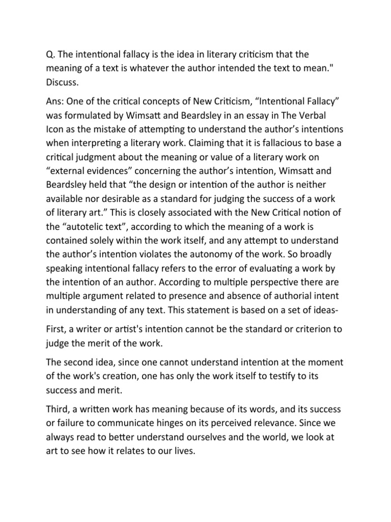 The Term Intentional Fallacy As The Idea in Criticism That The Meaning ...