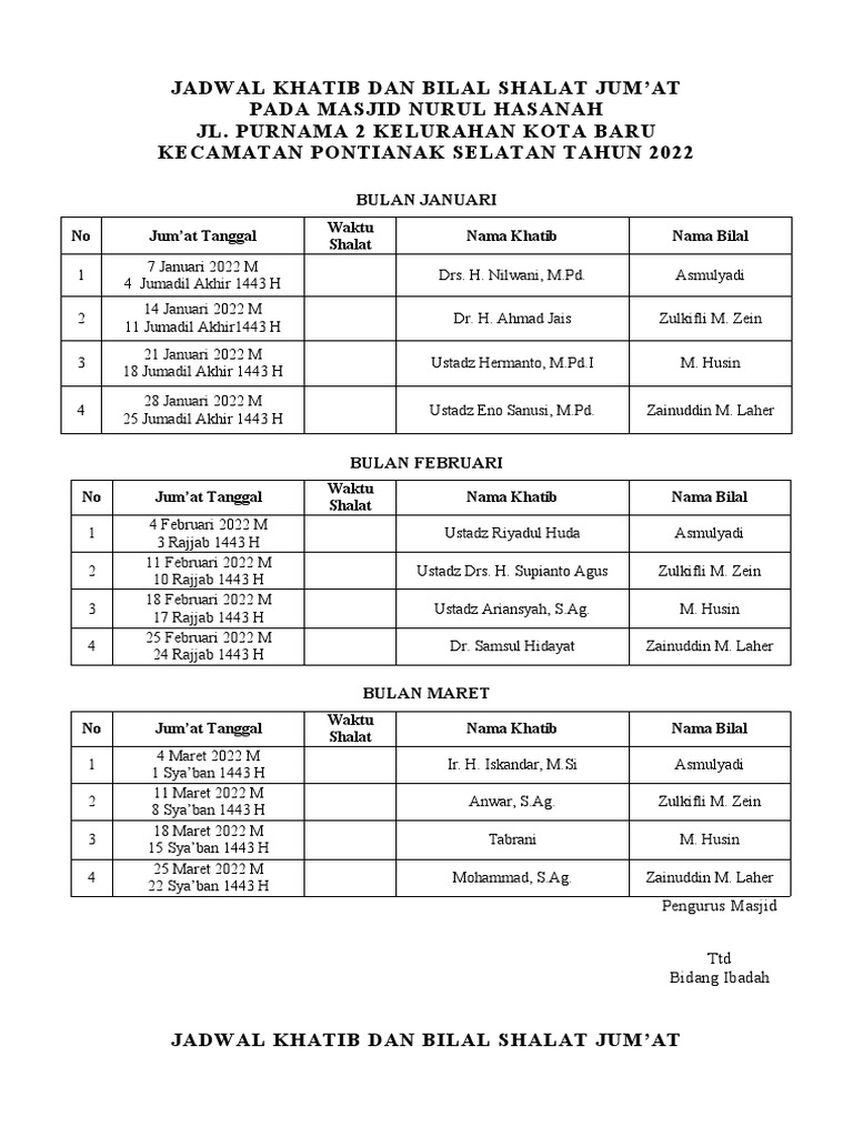 JADWAL KHATIB DAN BILAL Jum'at Tahun 2022 | PDF