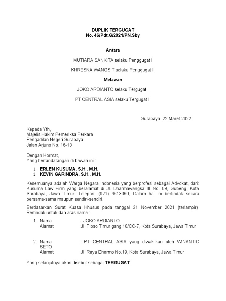 Duplik Tergugat Perdata | PDF