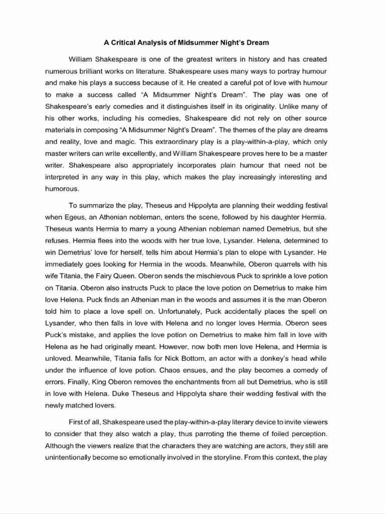 A Midsummer's Night Dream Analysis | PDF