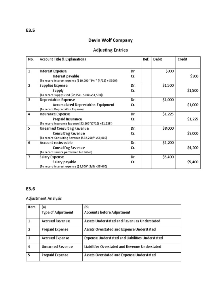 E3.5 Devin Wolf Company: Adjusting Entries | PDF | Expense | Debits And ...