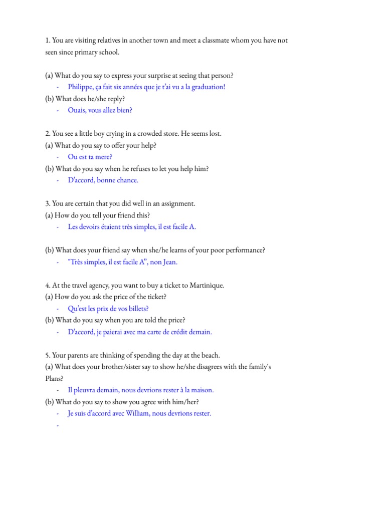 French CSEC Oral Questions and Answers | PDF