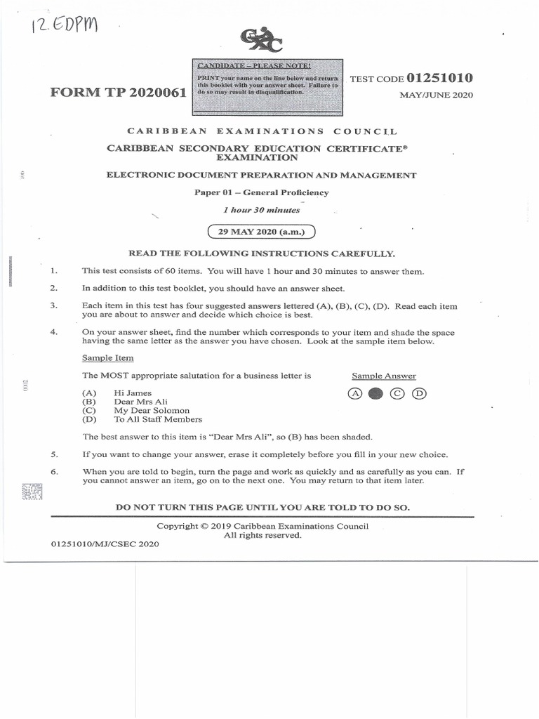 CXC Csec Edpm Paper 1 2020 | PDF
