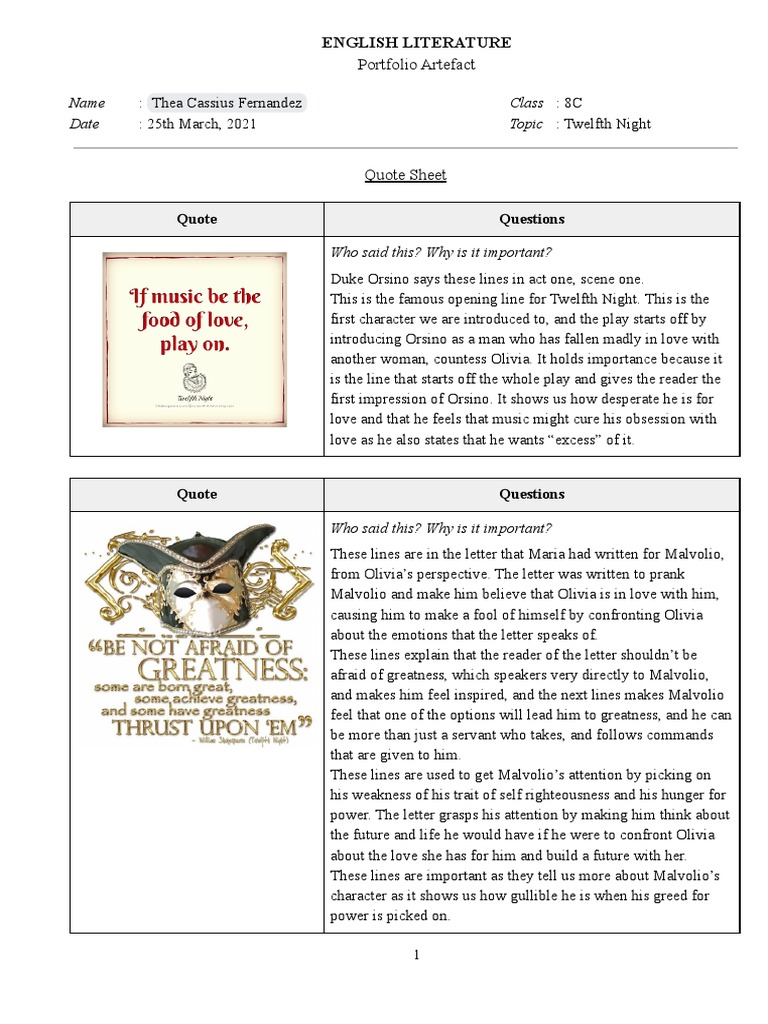 An Analysis of Key Quotes from Shakespeare's Twelfth Night | PDF ...
