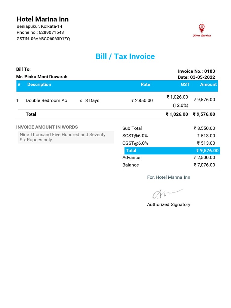 Bill / Tax Invoice: Hotel Marina Inn | PDF