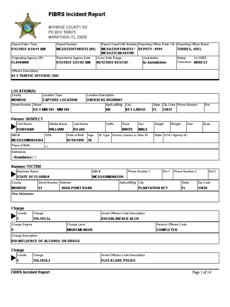 Incident Report of Miami-Dade Police Officer Donovan William Rojas ...