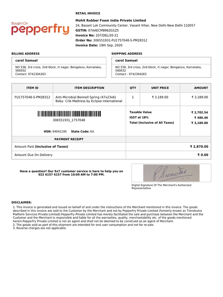 Mattress Invoice | PDF | Invoice | Receipt
