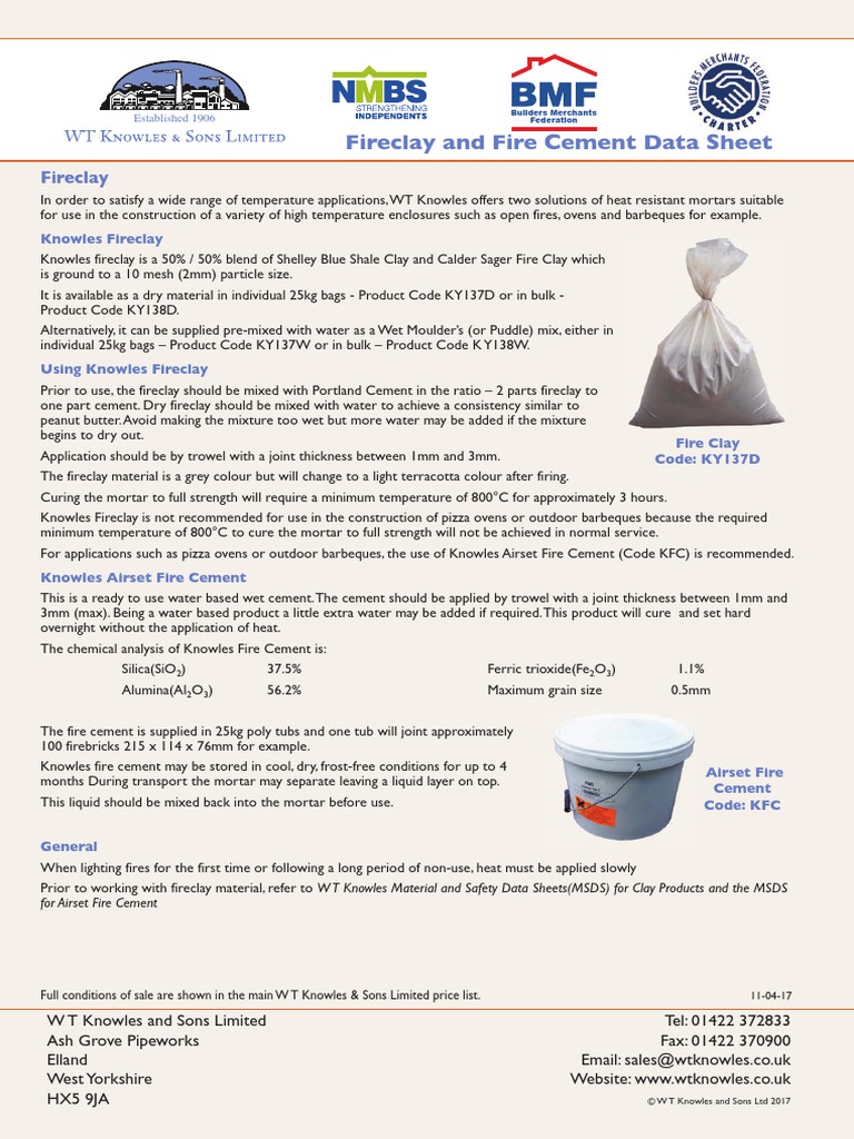 Fireclay and Fire Cement Data Sheet | Download Free PDF | Mortar ...