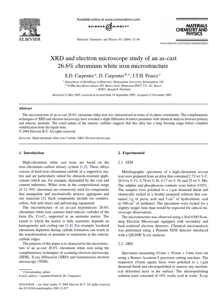 XRD and Electron Microscope Study of An As-Cast 26.6% Chromium White ...
