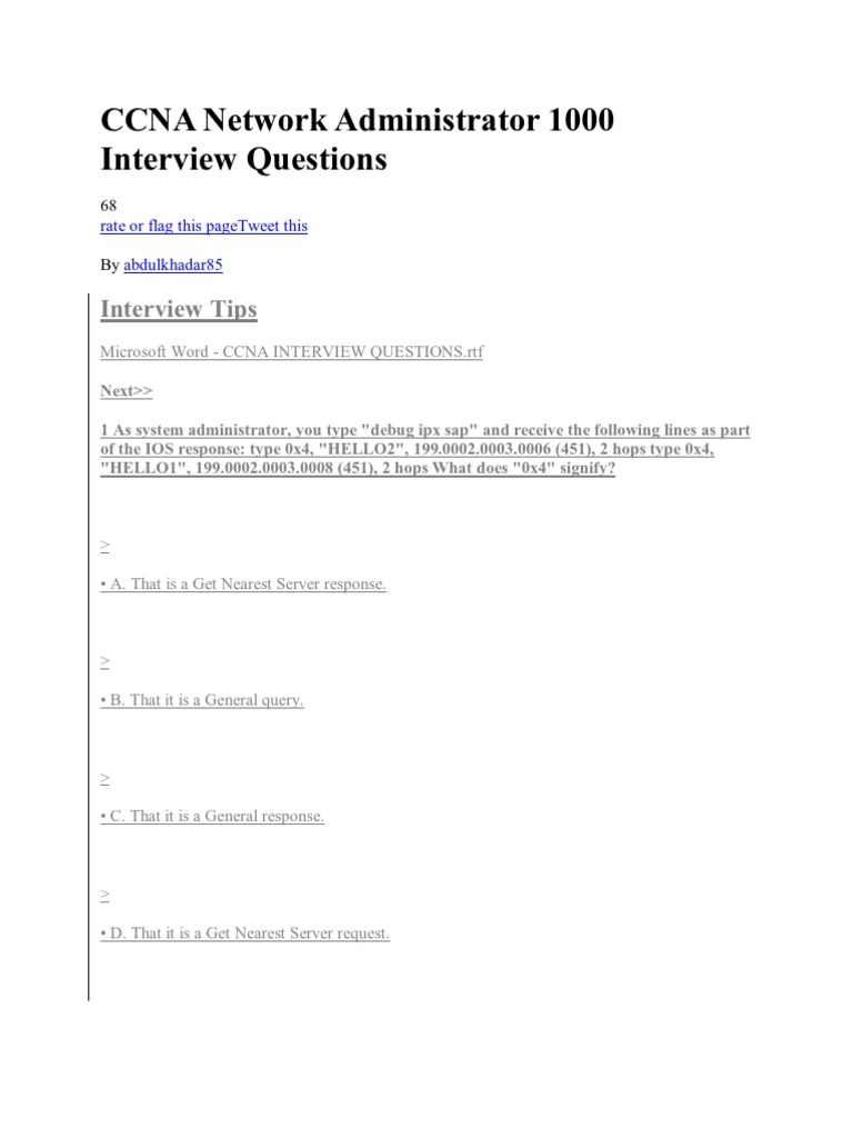 CCNA Network Administrator 1000 Interview Questions | PDF | Internet Protocols | Networks