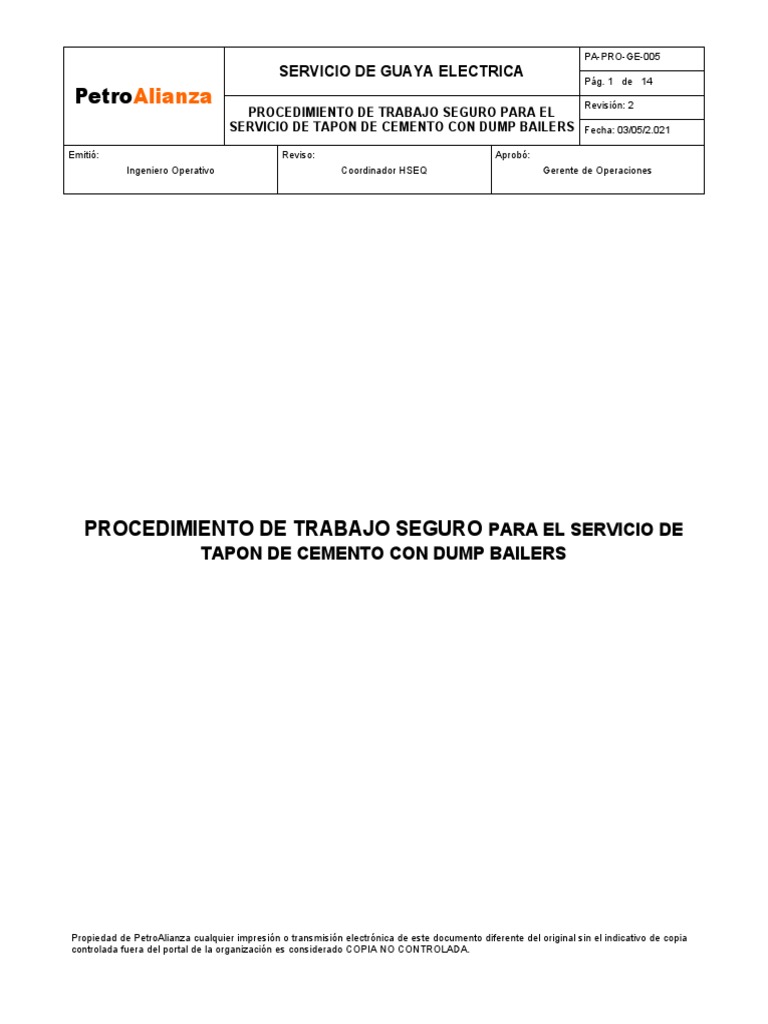 PA-PRO-GE-005 Procedimiento para Asentamiento de Tapon de Cemento Con ...