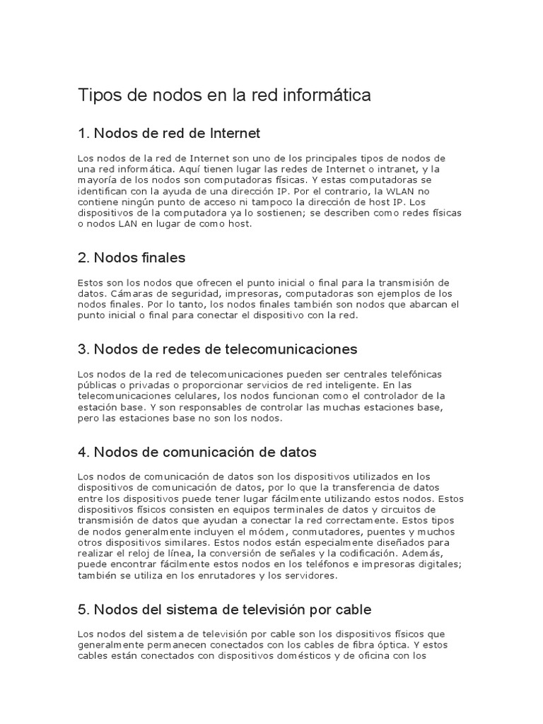 Tipos de Nodos en La Red Informática | PDF | Red de computadoras | Controlador de interfaz de red