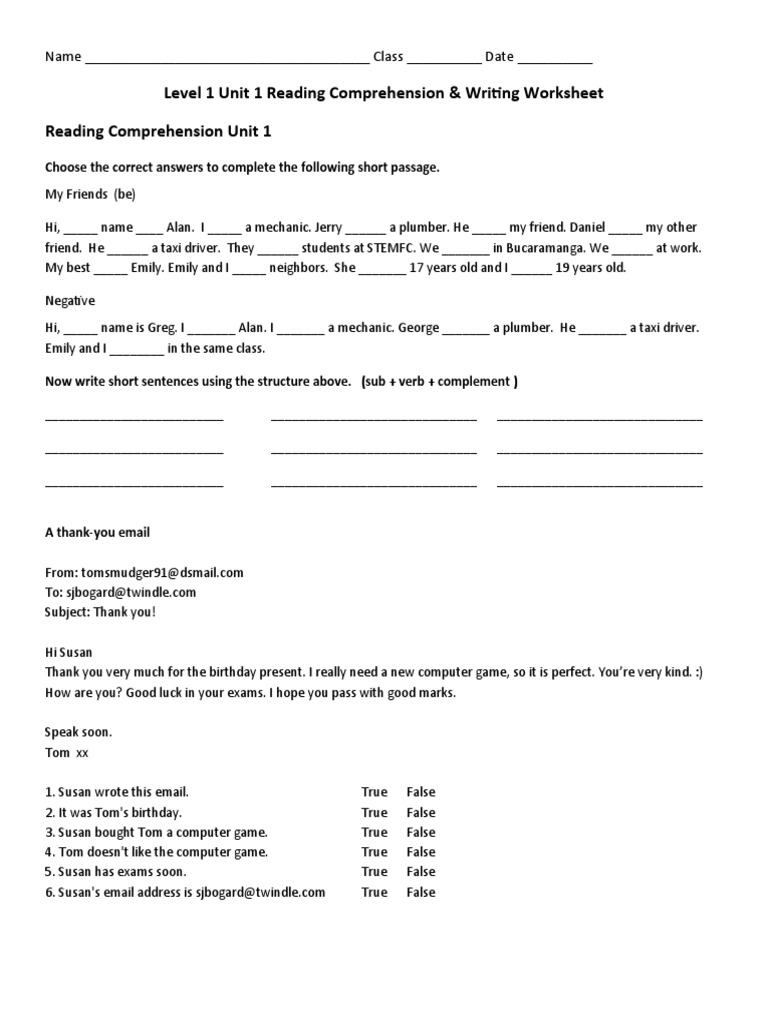 Level 1 Unit 1 Reading Comprehension & Writing Worksheet Reading ...