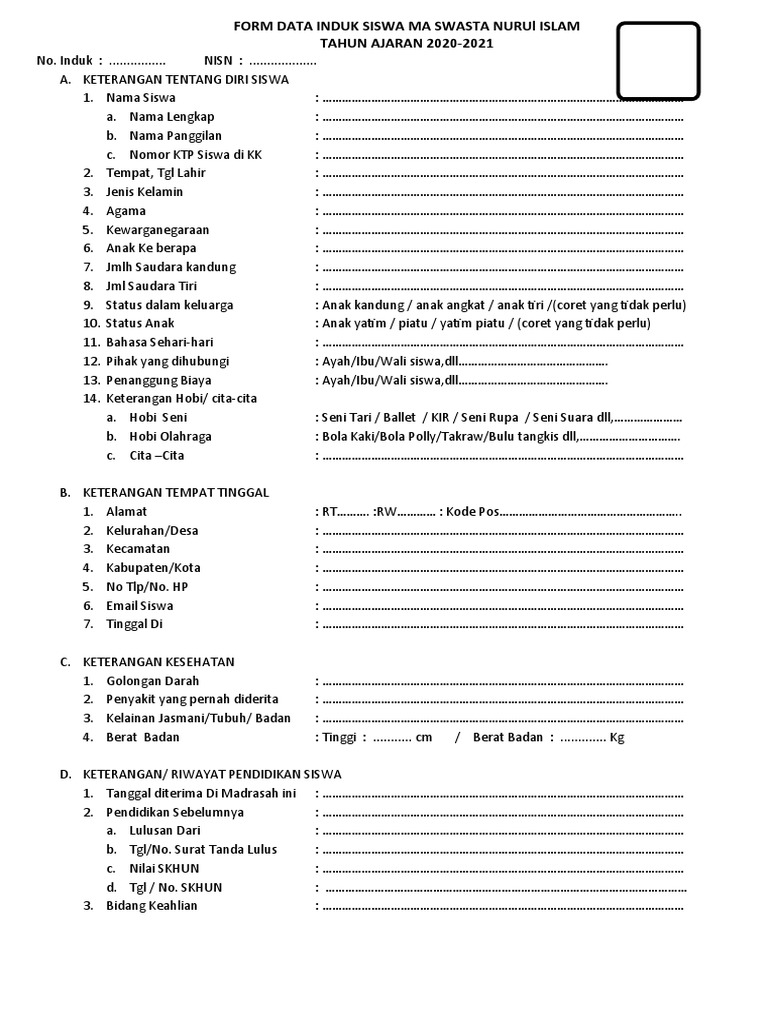 FORM DATA INDUK SISWA MA SWASTA NURUl ISLAM | PDF | Karier ...