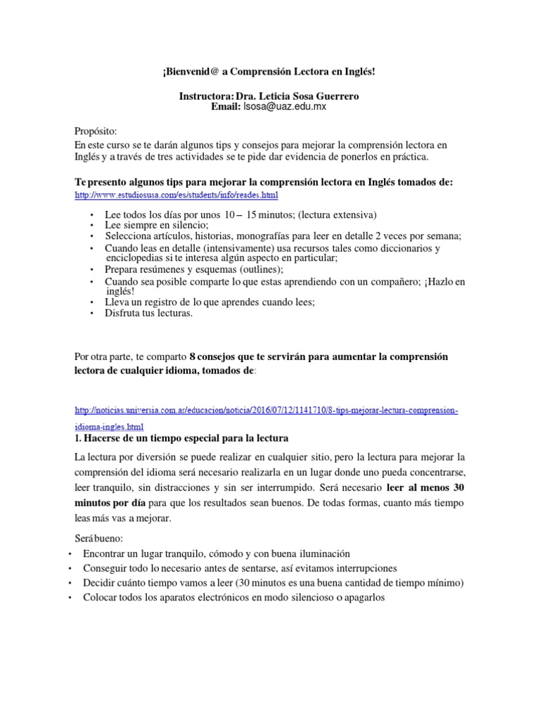 Instrucciones para Comprensión Lectora en Inglés | PDF | Comprensión ...