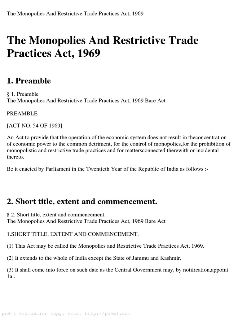 MRTP Act - Bare Act | PDF | Monopoly | Banks
