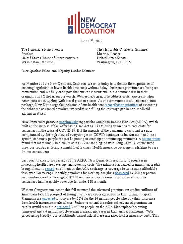 New Dem ACA Letter To Congressional Leadership | PDF | Medicaid | Insurance
