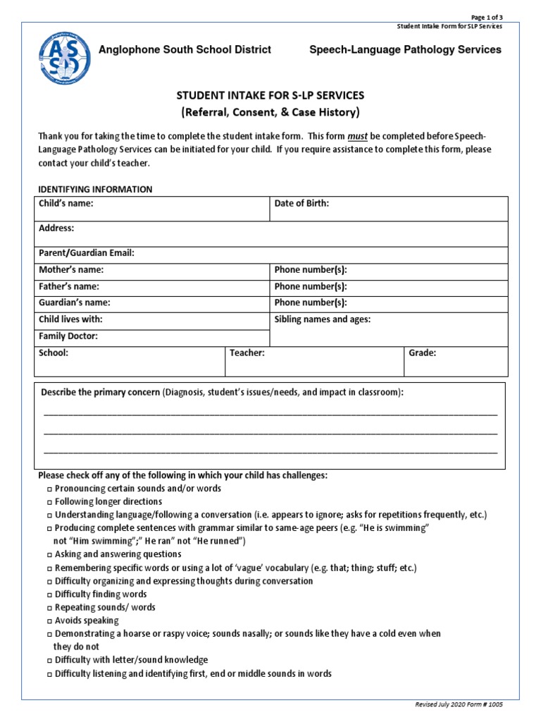 SLP Student Intake Form | PDF | Medical Specialties | Human Communication