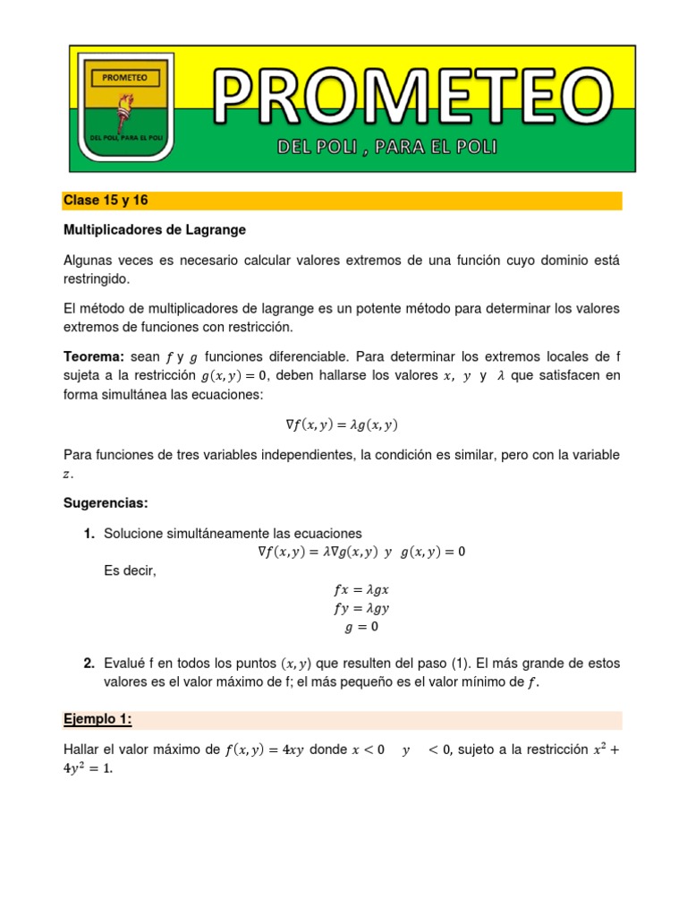 Clase 15 y 16 - Multiplicadores de Lagrange | PDF | Análisis matemático | Matemáticas