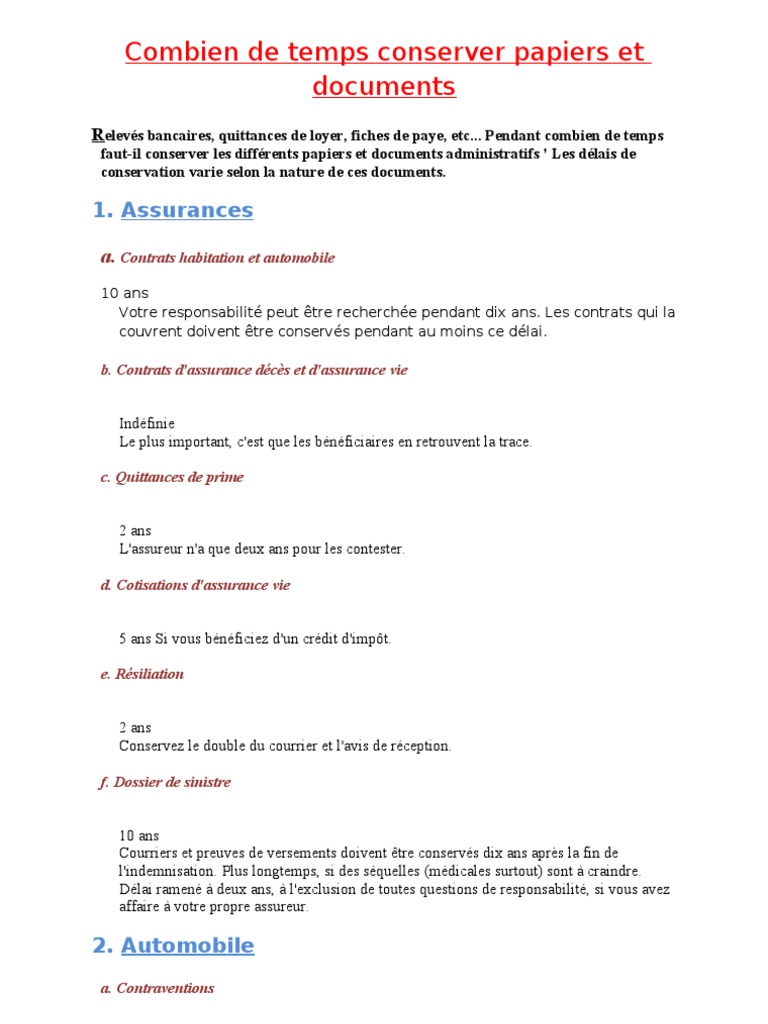 Combien de Temps Conserver Papiers Et Documents | PDF | Assurance | Chèque