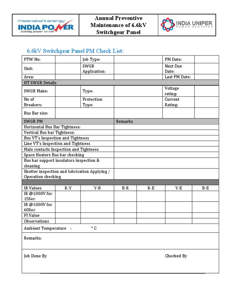 6.6kV MV Switchgear Panel PM Check List | PDF | Electrical Equipment ...