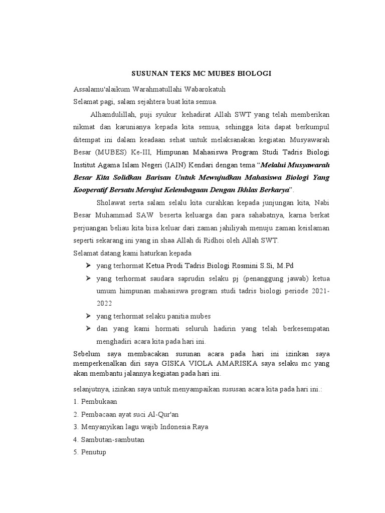 Susunan Teks MC Mubes Biologi | PDF