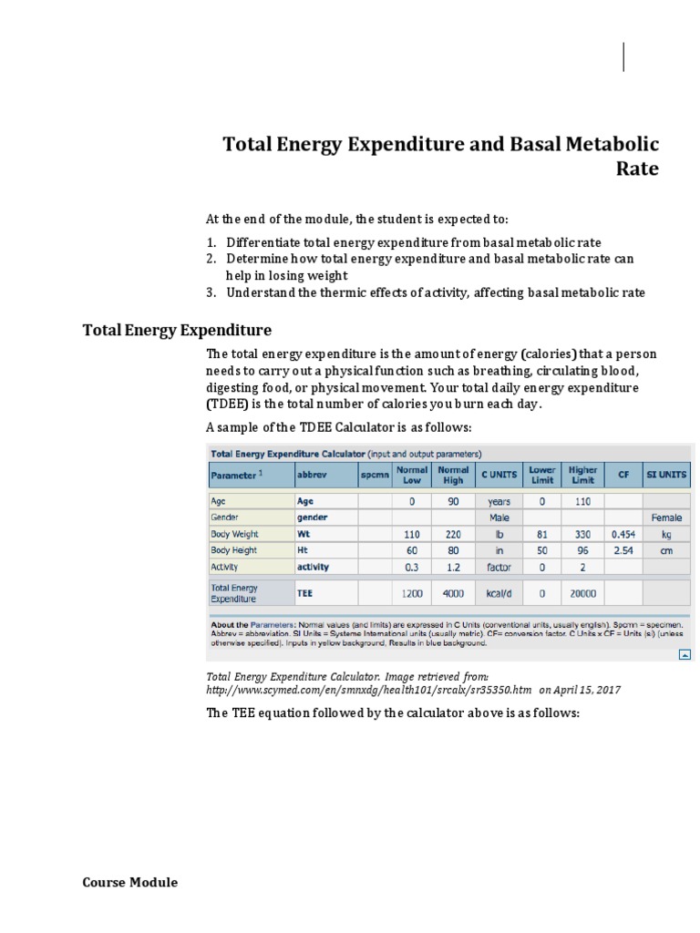 Week 011 Module-Total Energy Expenditure and Basal Metabolic Rate | PDF ...