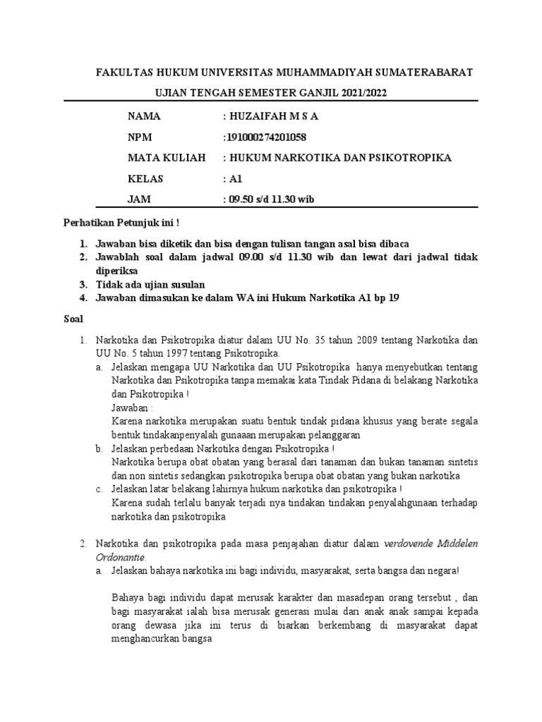 Soal UTS Narkotikdan Dan Psiko A1 UMSB21 | PDF