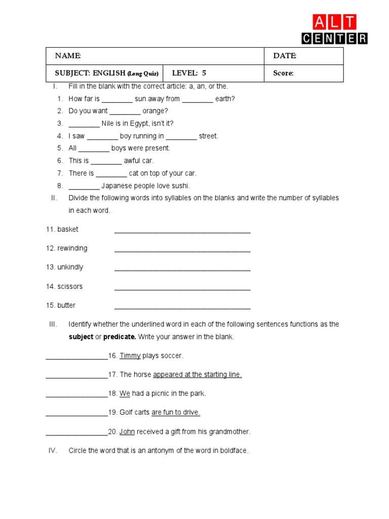 Grade 5 English Long Quiz | PDF | Cognitive Science | English Language