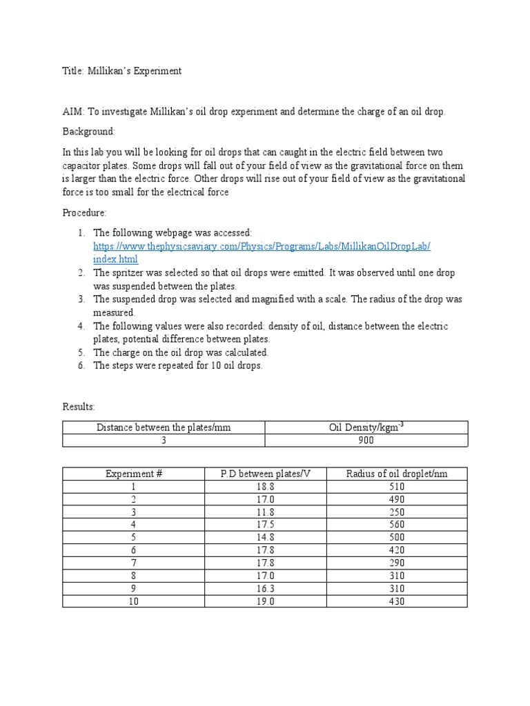 Millikan Oil Lab | PDF | Physical Quantities | Quantity