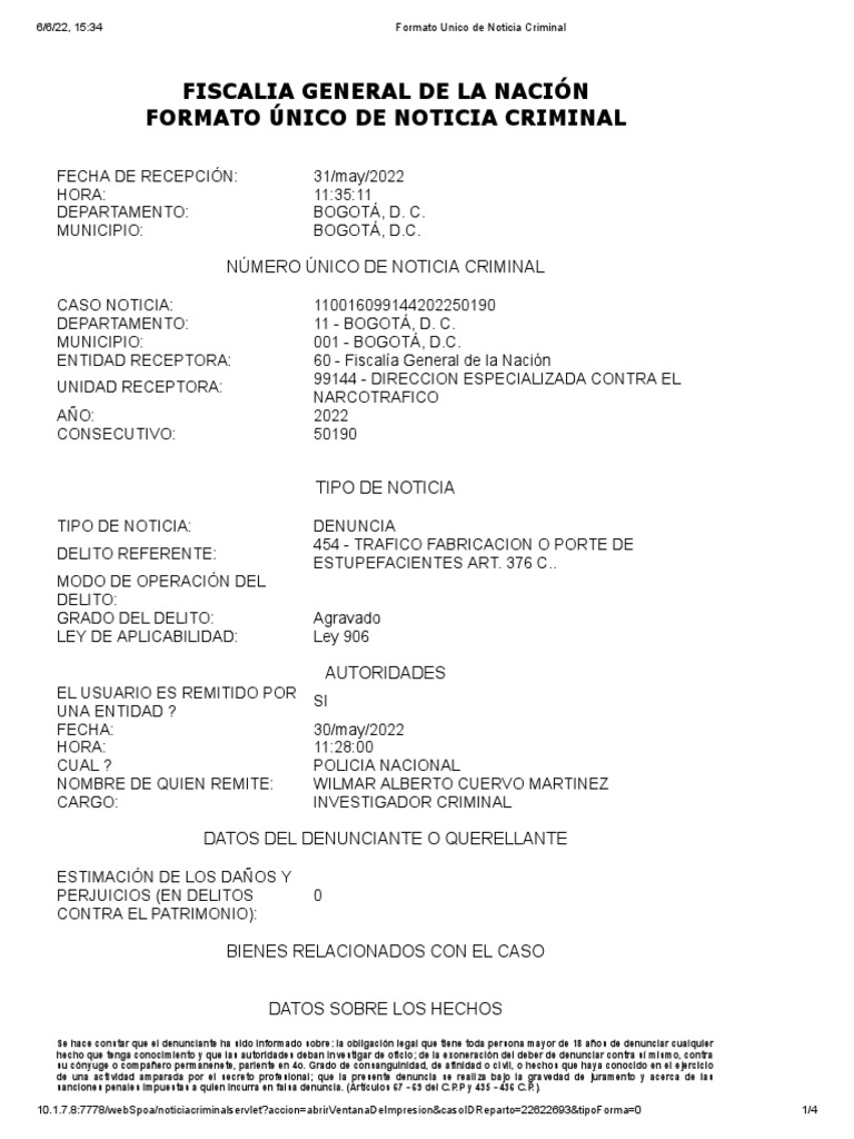 Formato Unico de Noticia Criminal | PDF | Derecho penal | Crímenes