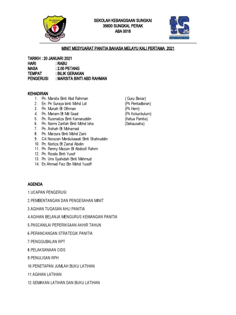 Minit Mesyuarat Panitia BM Kali Pertama 2021 | PDF