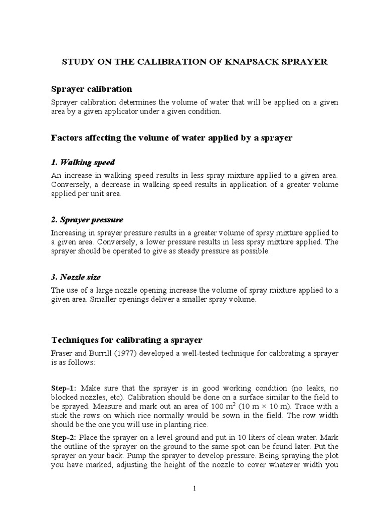 Knapsack Sprayer Calibration Guide | PDF | Calibration | Pressure
