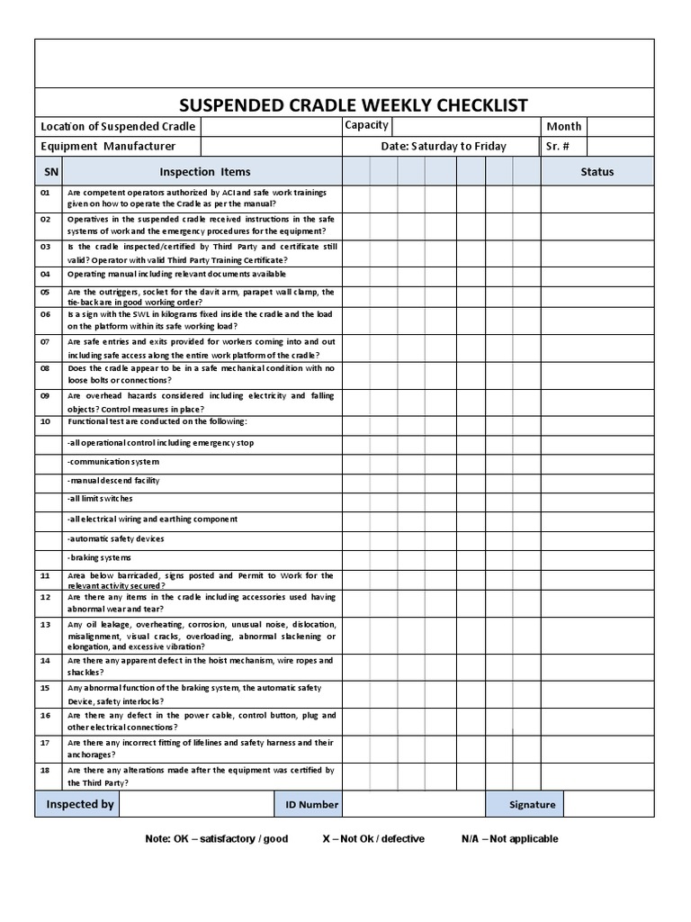 Cradle Inspection Weekly Checklist | PDF | Electrical Connector ...
