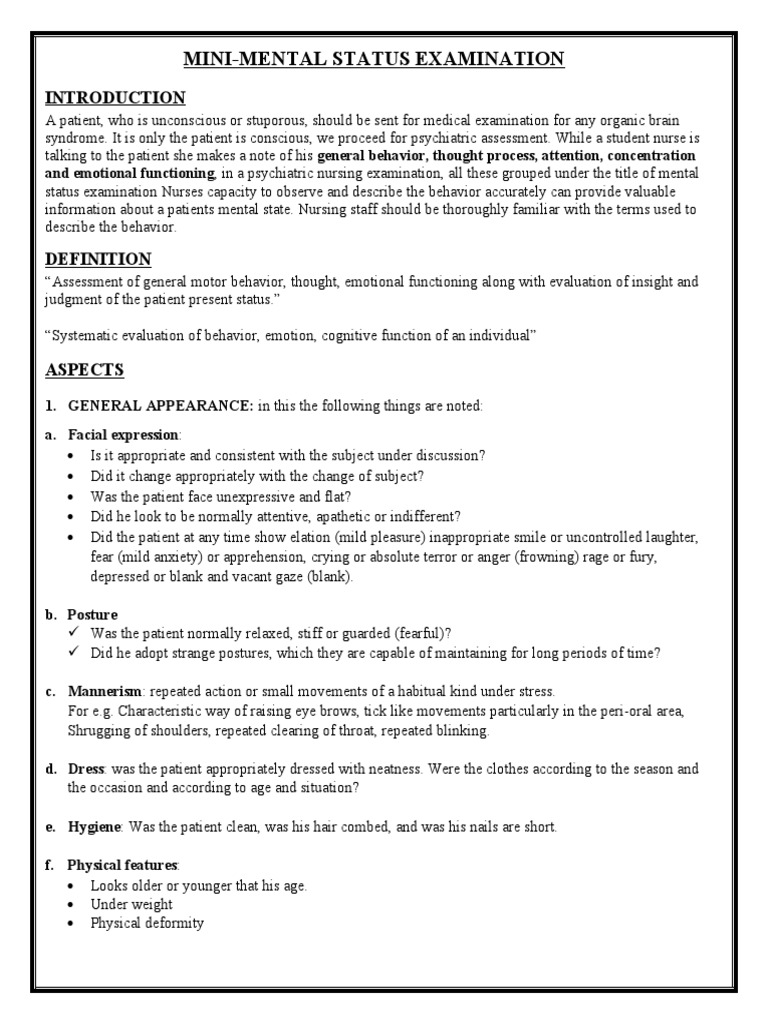Mini Mental Status Examination Guide | PDF | Delusion | Psychology