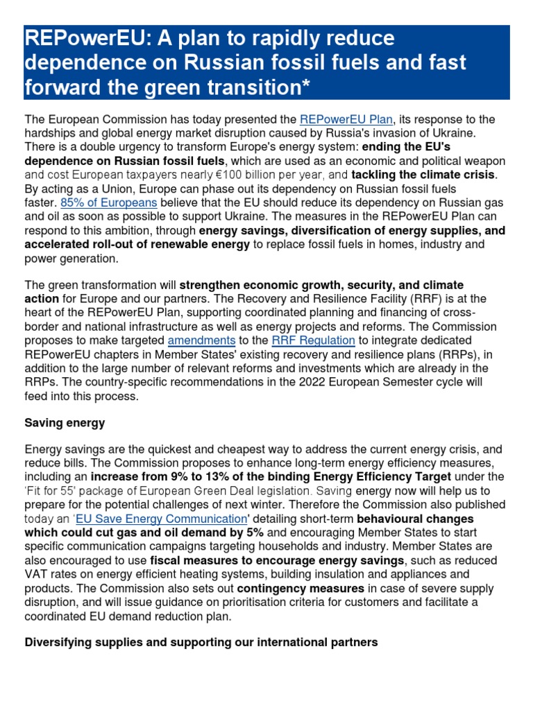 REPowerEU - A Plan | PDF | Renewable Energy | European Union