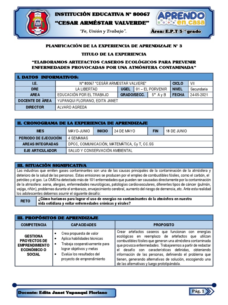 Planificador Experiencia #3 - Ept 5 | PDF | Aprendizaje | Evaluación