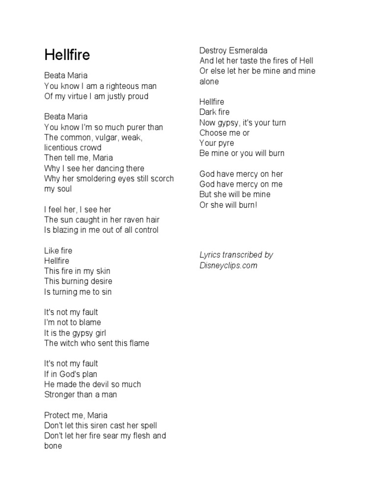 Hellfire Lyrics The Hunchback of Notre Dame | PDF