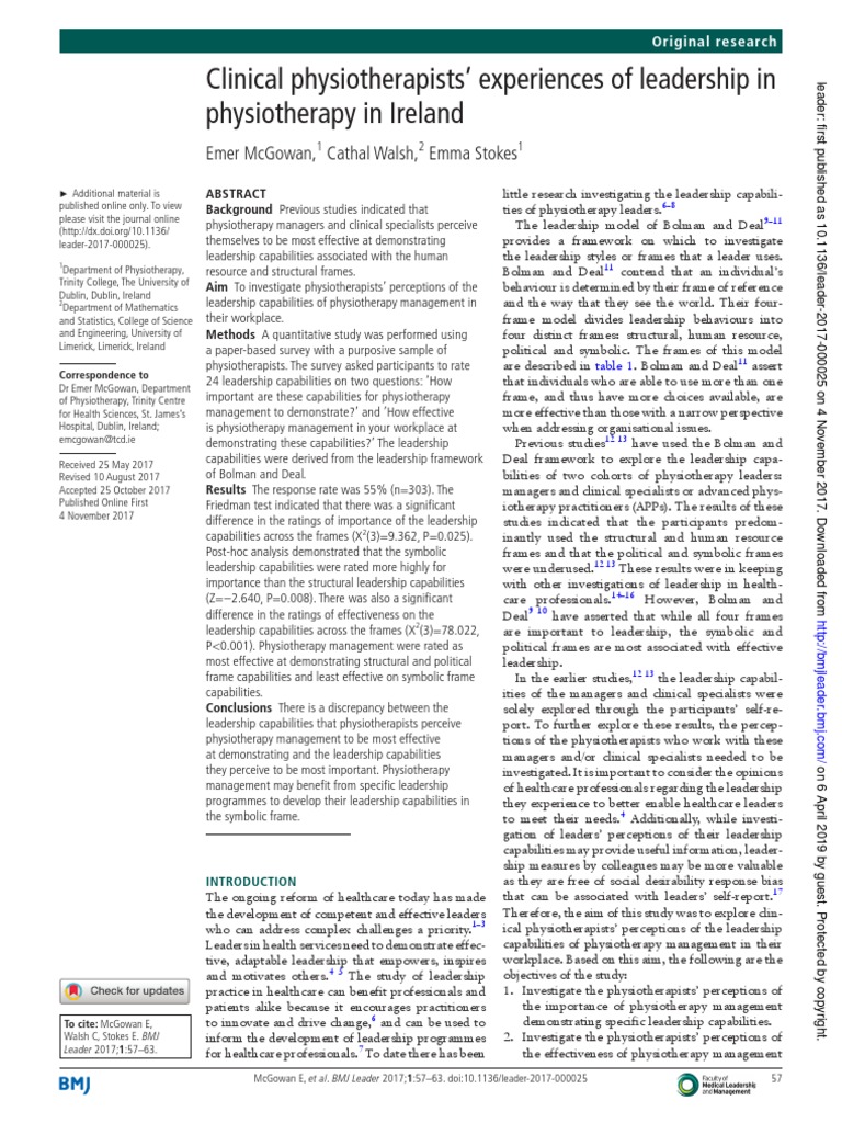 Clinical Physiotherapists' Experiences of Leadership in Physiotherapy ...
