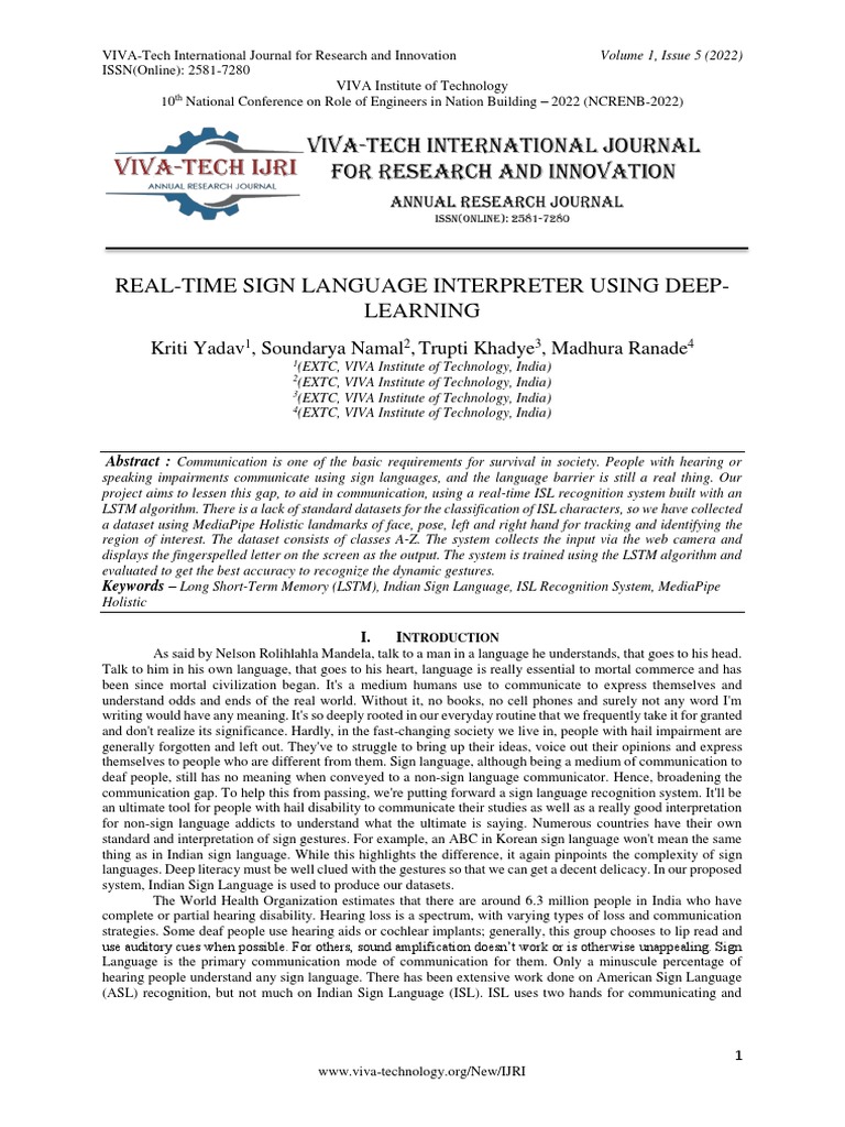 Real Time Sign Language Interpreter Using Deep Learning Pdf Systems Science Computational