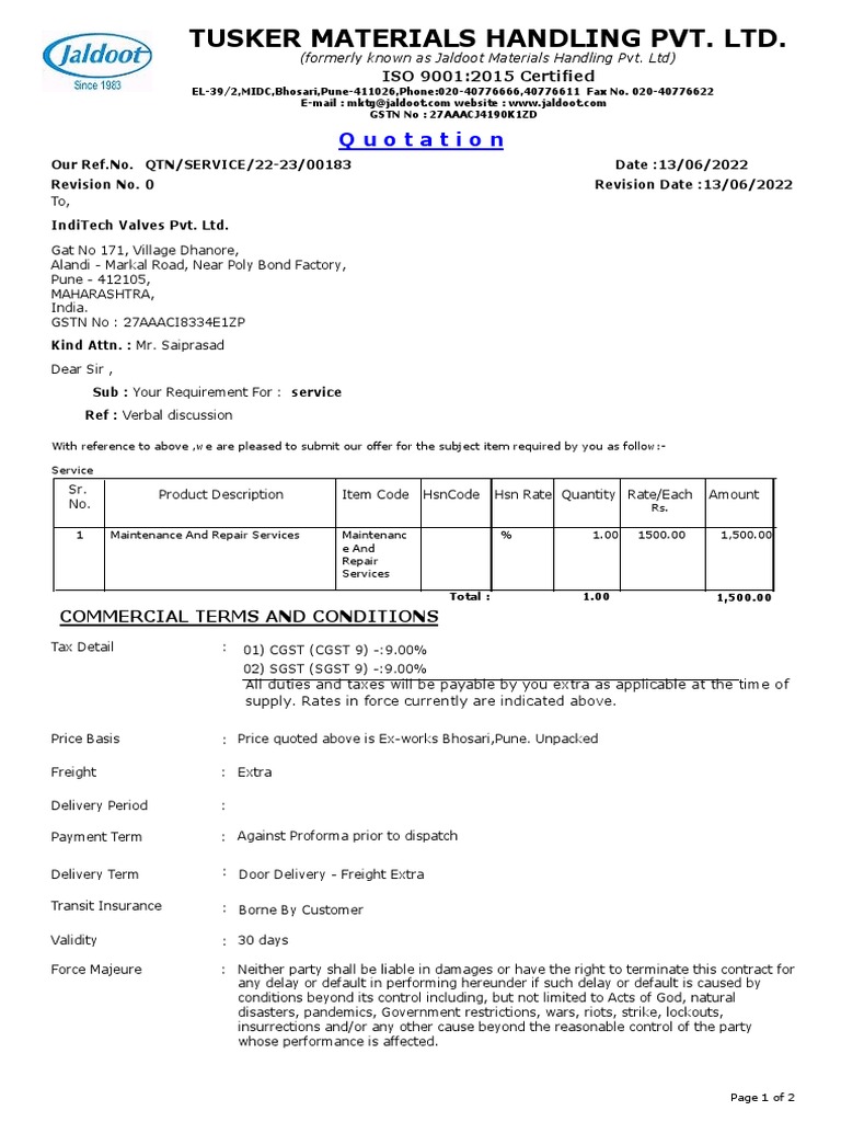 Inditech Valves Pvt. LTD QTN 183 Spares | PDF | Common Law | Business