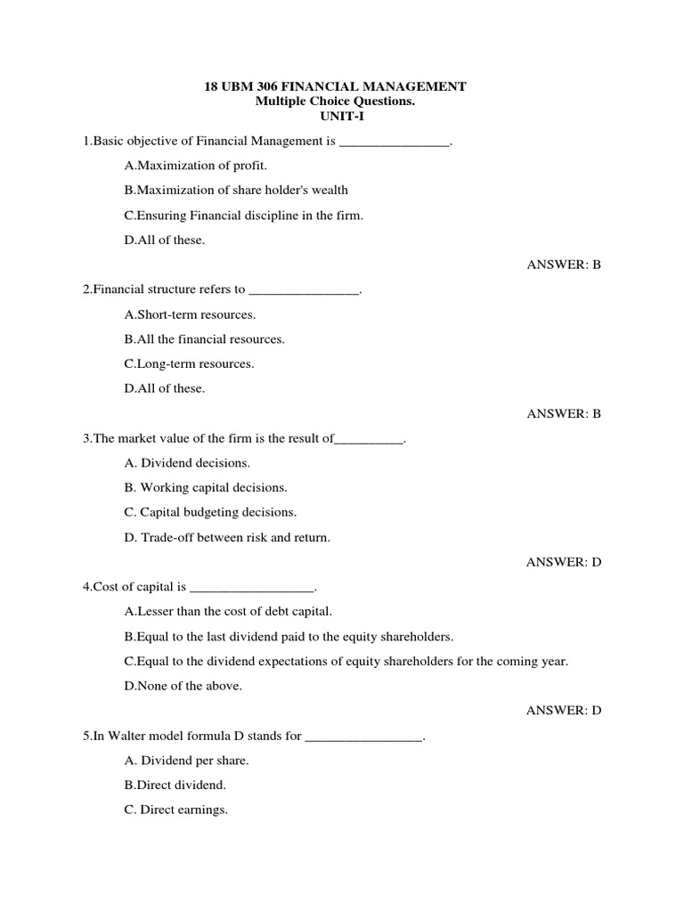 18 Ubm 306 Financial Management Multiple Choice Questions. Unit-I | PDF ...