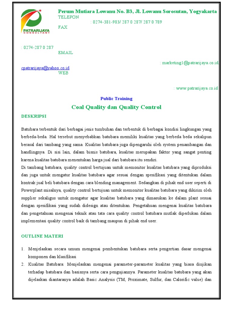 Pelatihan Kontrol Kualitas Batubara | PDF