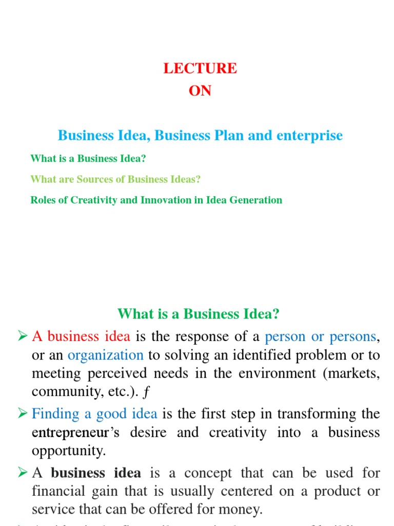 Business Idea, Business Plan and Enterprise | PDF | Entrepreneurship ...